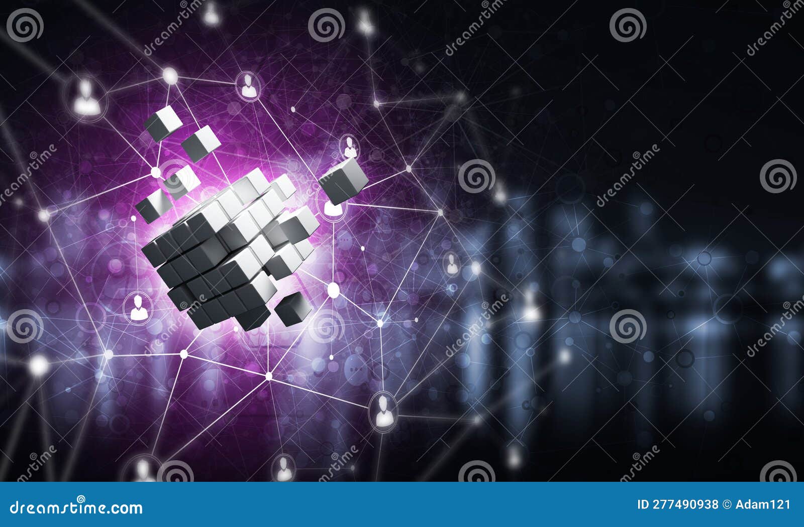 Concept of Internet and Networking with Digital Cube Figure on Dark ...