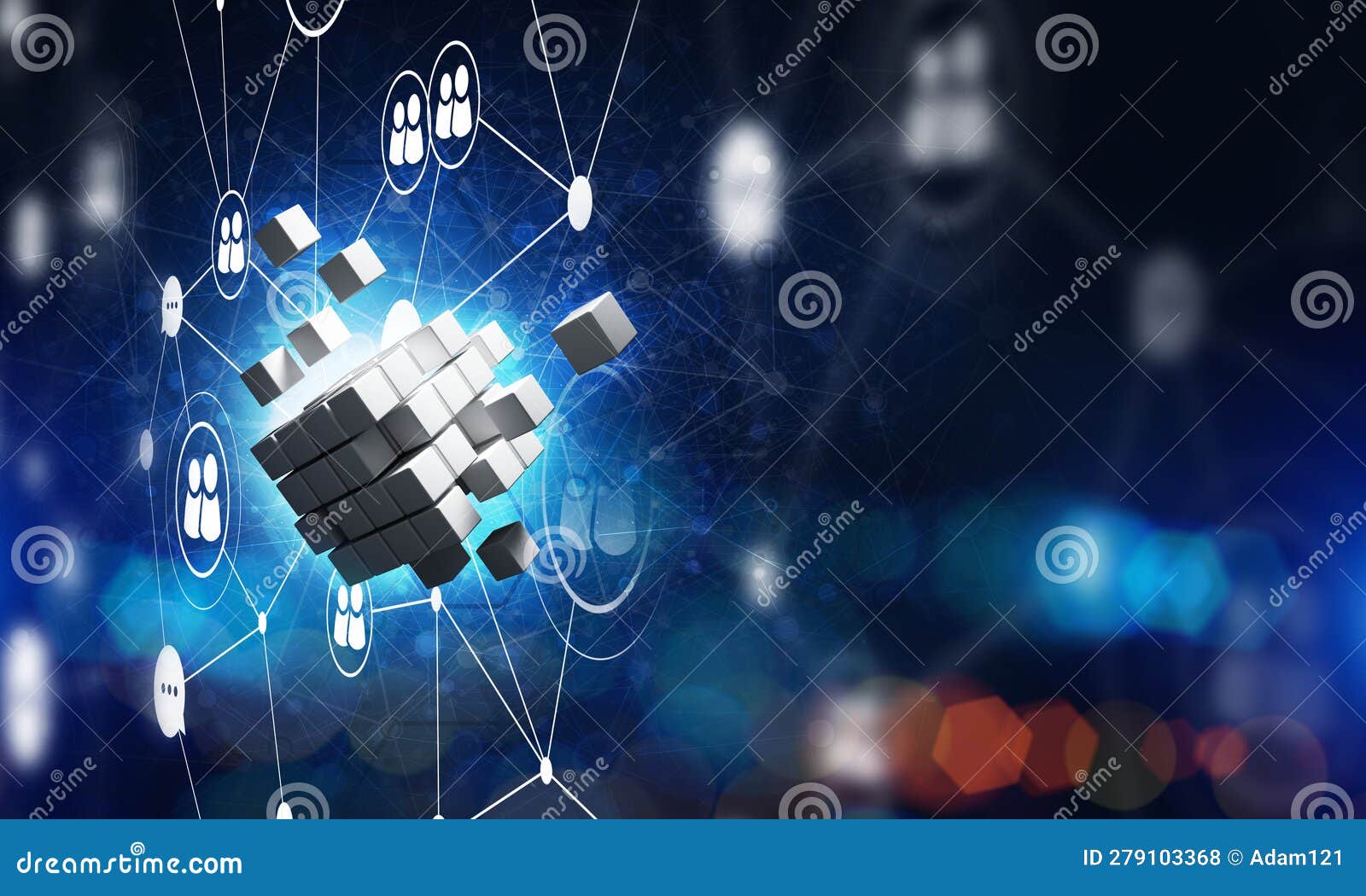 Concept of Internet and Networking with Digital Cube Figure on Dark ...