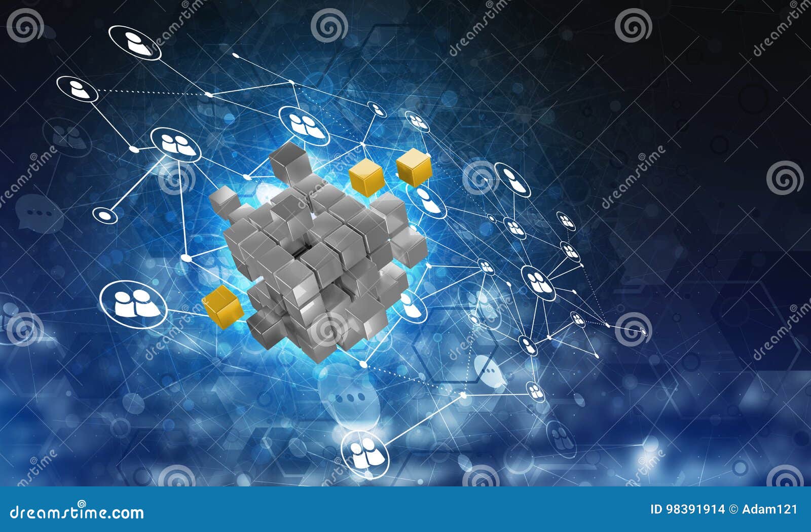 Concept of Internet and Networking with Digital Cube Figure on Dark ...