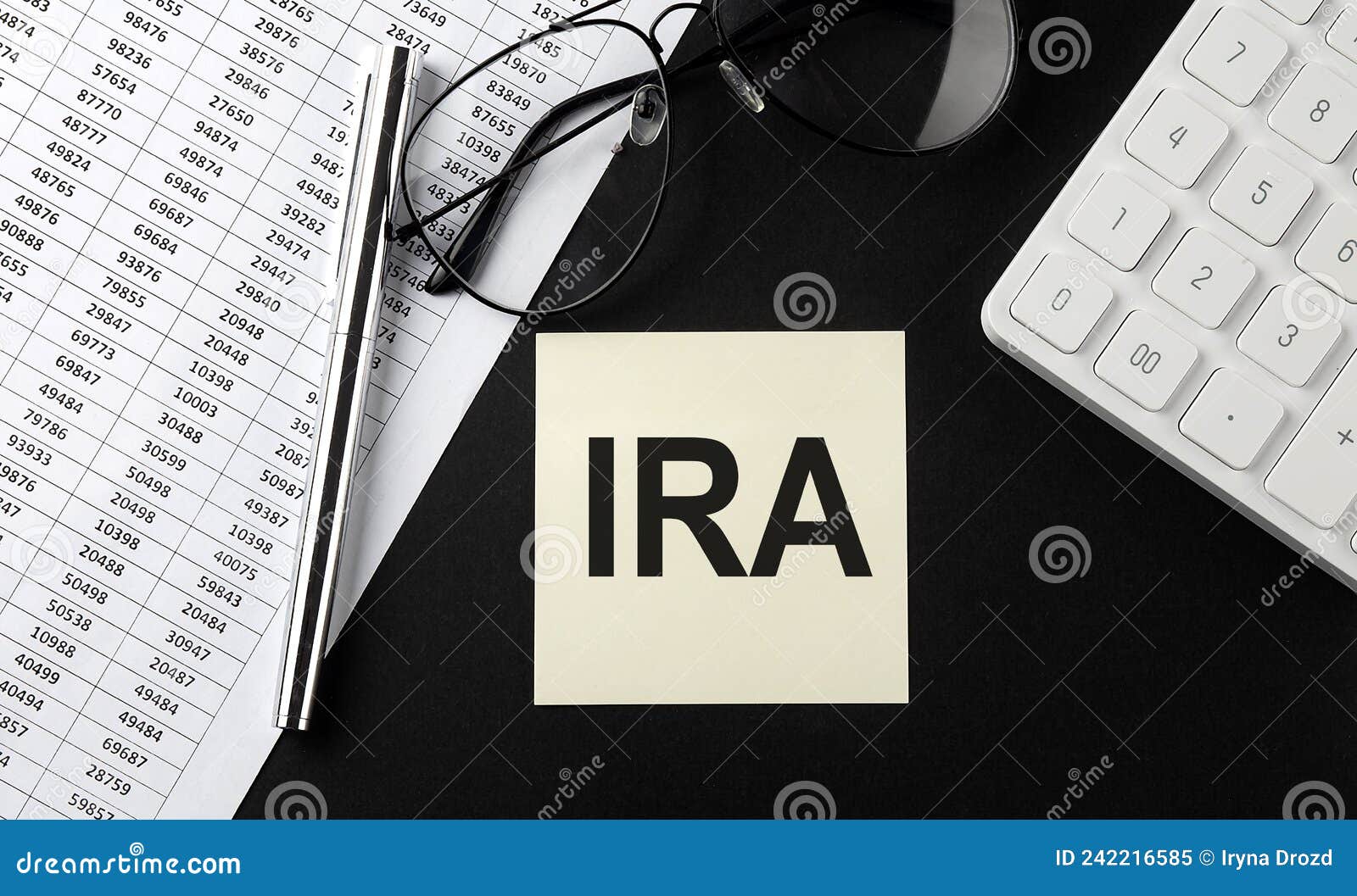 Concept IRA Message on Sticker with Glasses,chart and Calculator on the ...