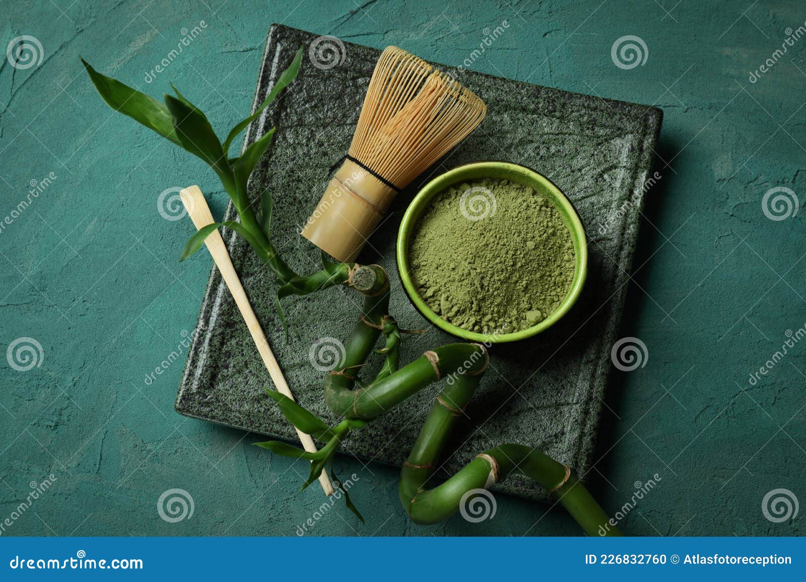 Concept of Japanese Tea with Matcha on Green Textured Background Stock ...