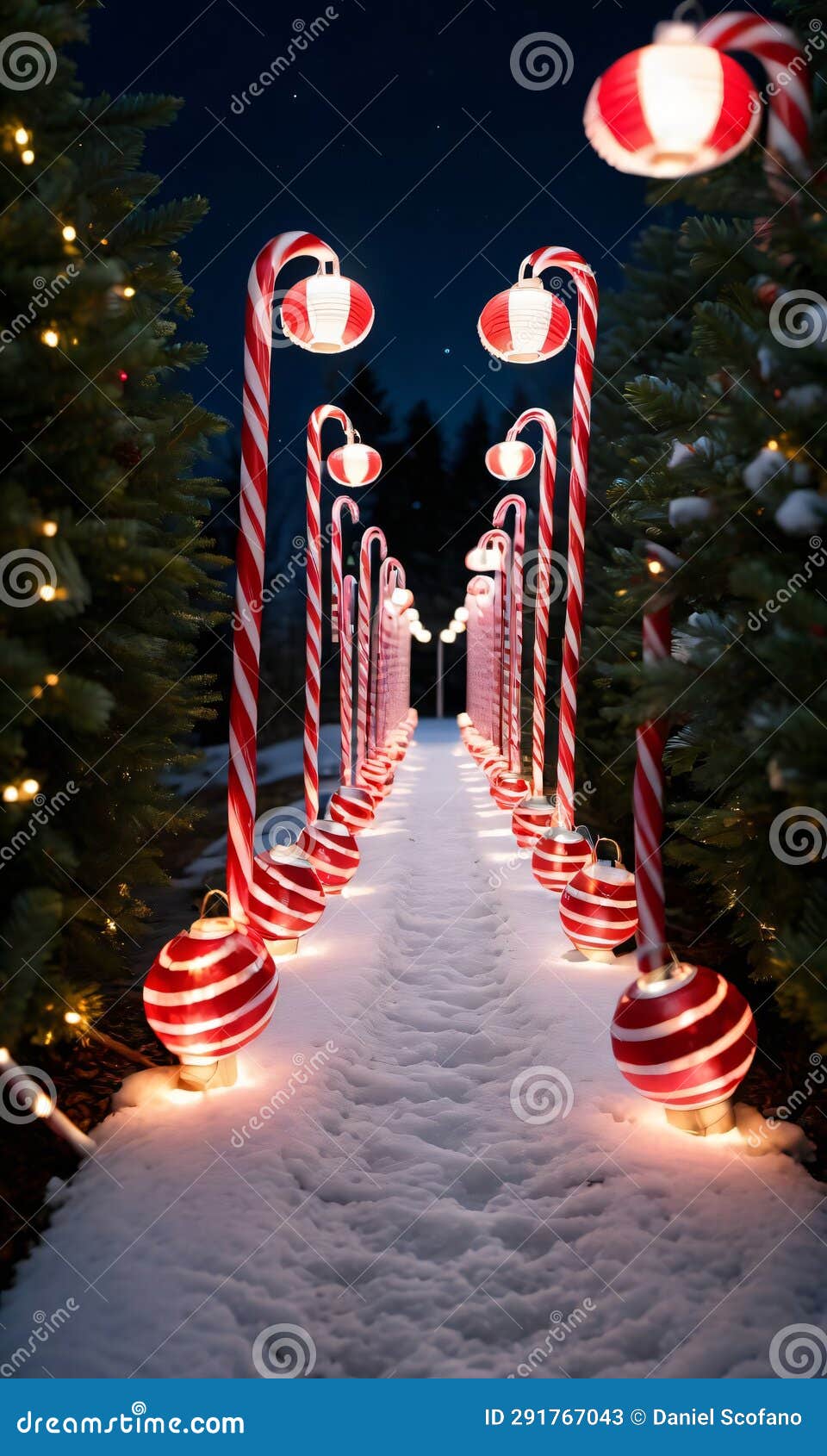 Lanterns Illuminating a Pathway Lined with Candy Canes, Night, Outdoors ...