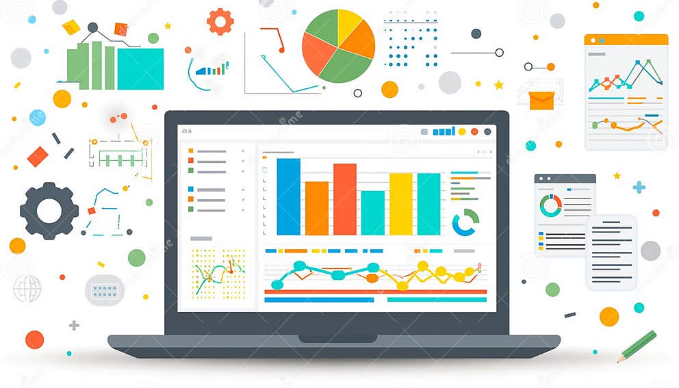 Concept with Laptop Computer, Charts Diagrams, Graphs and Place for ...