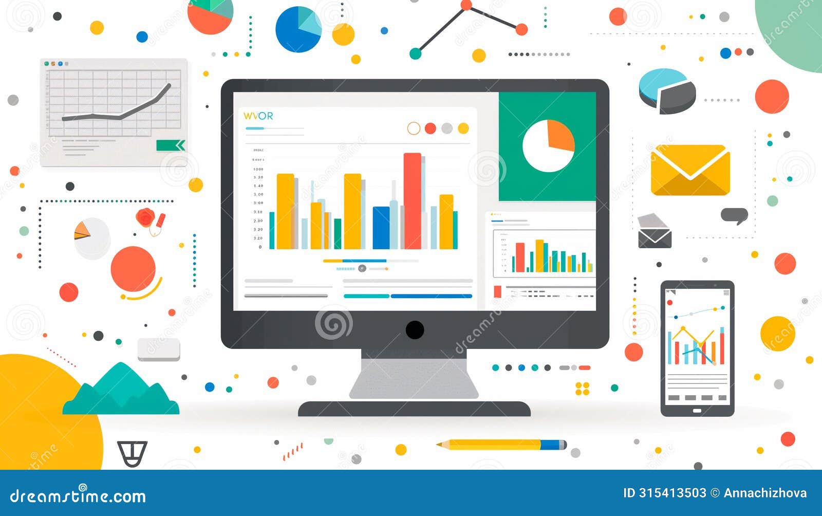 Concept with Laptop Computer, Charts Diagrams, Graphs and Place for ...