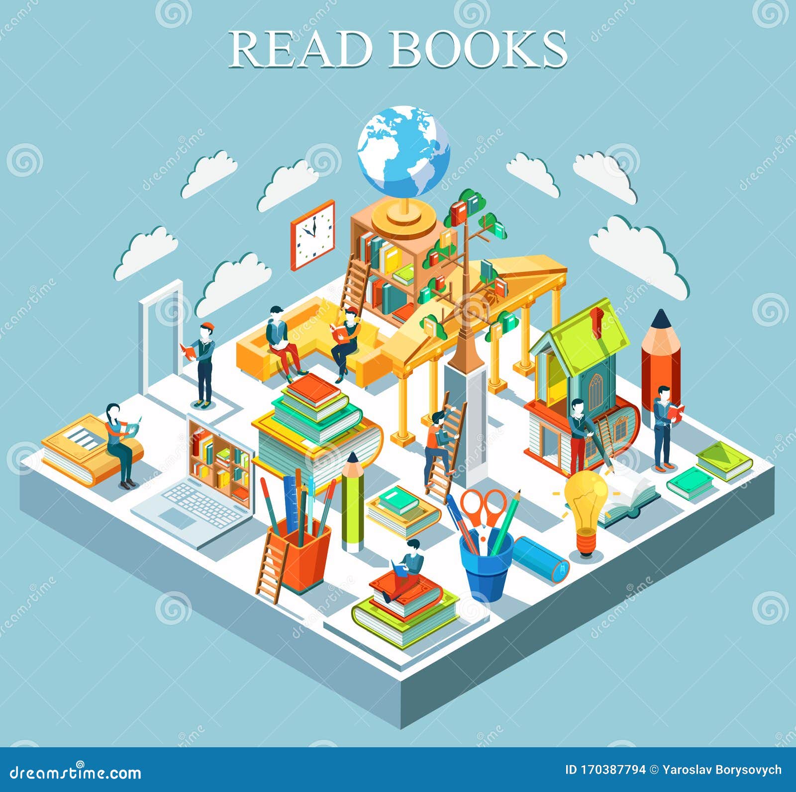 The Concept of Learning and Reading Books. Isometric Flat Design Stock ...