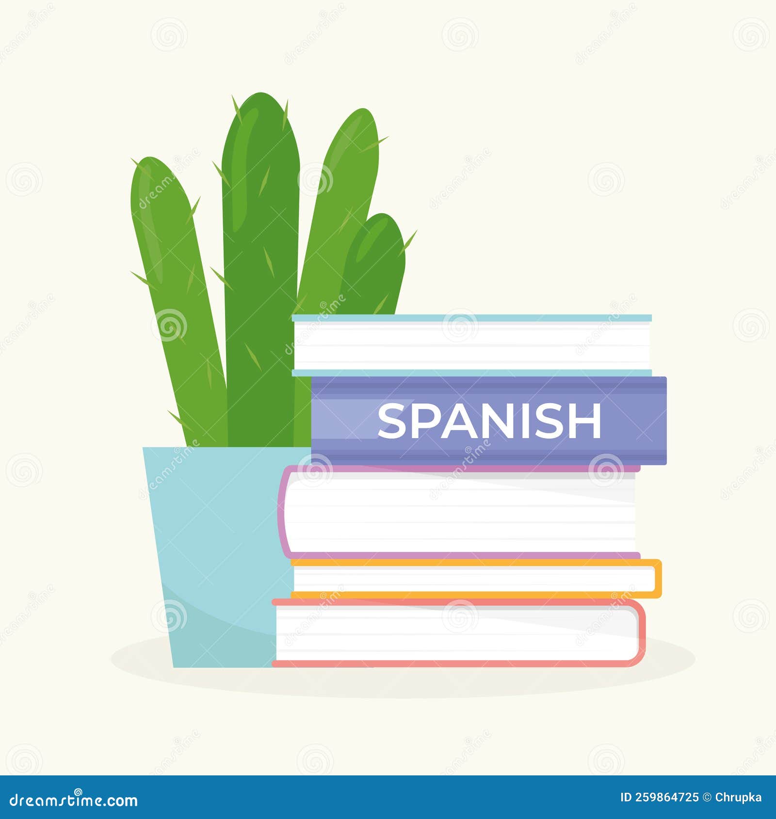 Concept of Learning Spanish Language, Pile of Books and Cactus Flower ...