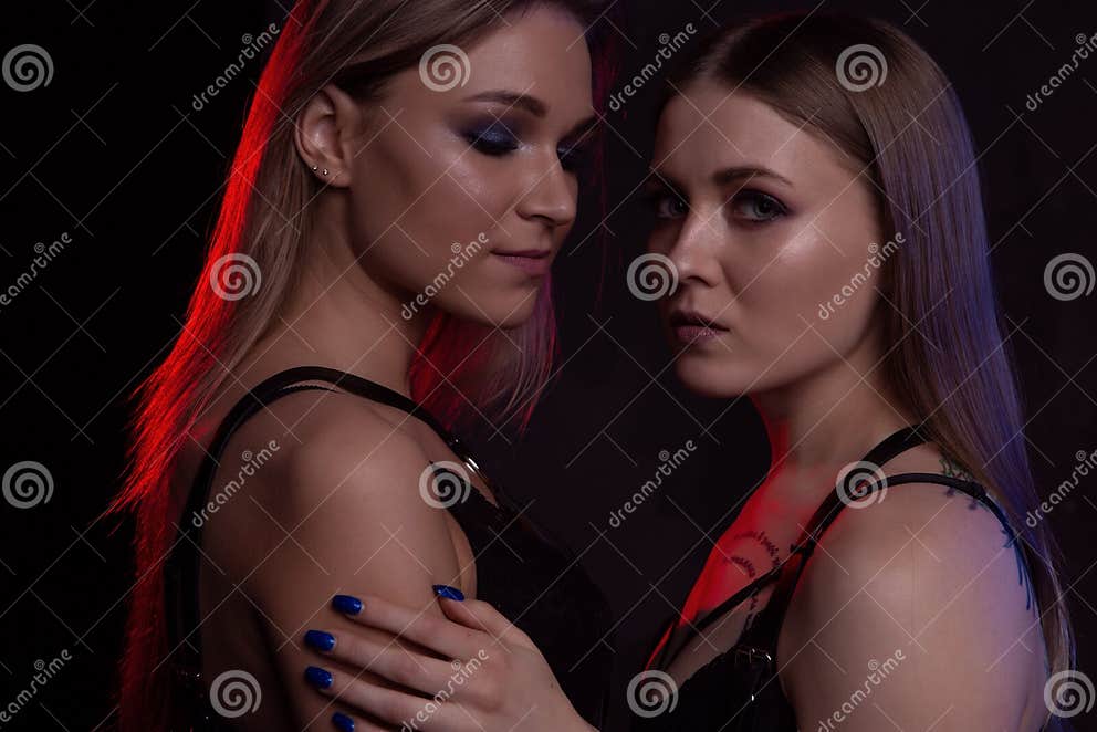 The Concept Of Lgbt Two Beautiful Gorgeous Girls In Underwear Tenderly