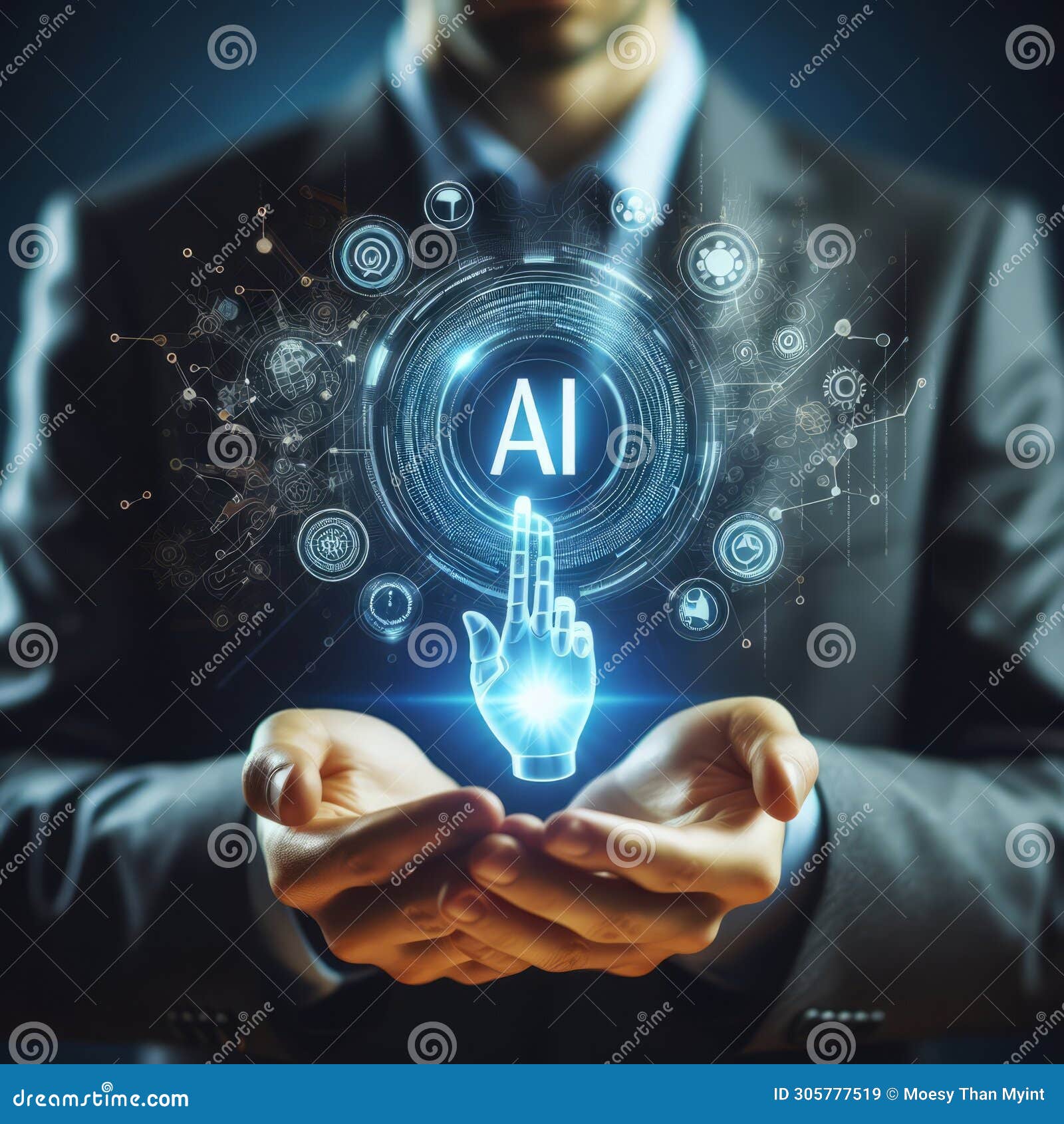 Concept of Man Interacting with AI Technology Stock Illustration ...
