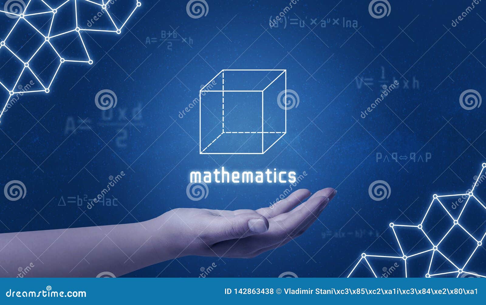 Concept of Mathematics. Cube in Hand Surrounded by Mathematical ...