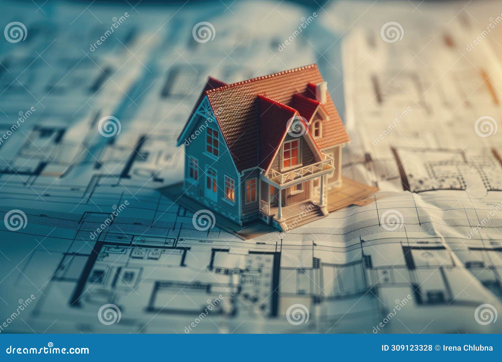 Concept with Miniature Home Atop Blueprints Stock Illustration ...