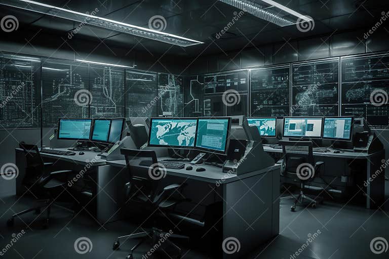 Modern Control Room, Multiple Personal Computer Monitors Showing Coding Language Program with ...