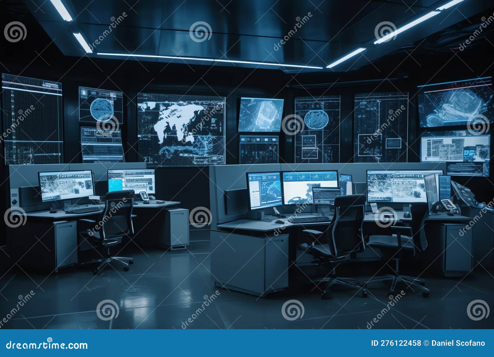 Modern Control Room, Multiple Personal Computer Monitors Showing Coding Language Program with ...