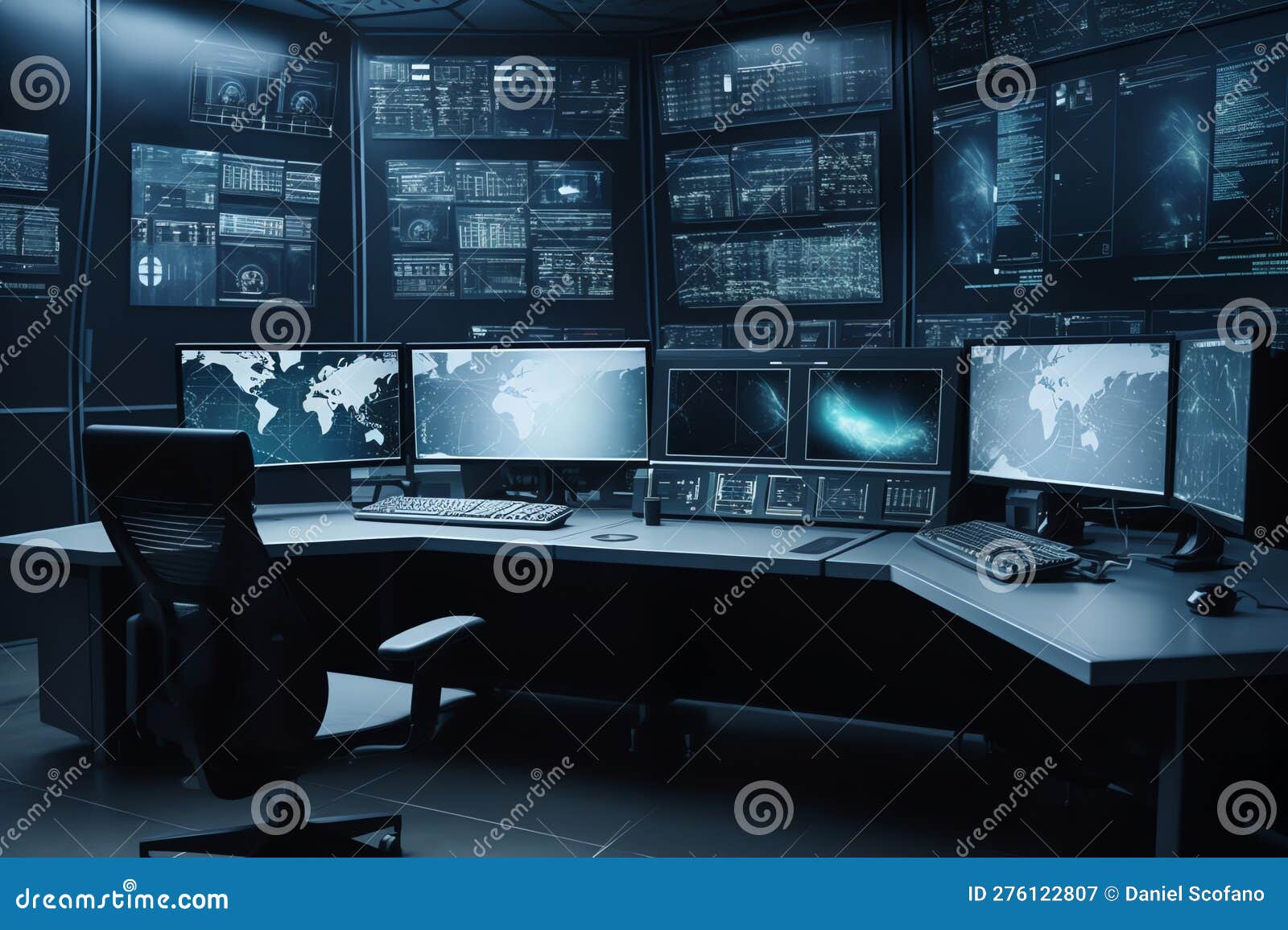 Modern Control Room, Multiple Personal Computer Monitors Showing Coding Language Program with ...