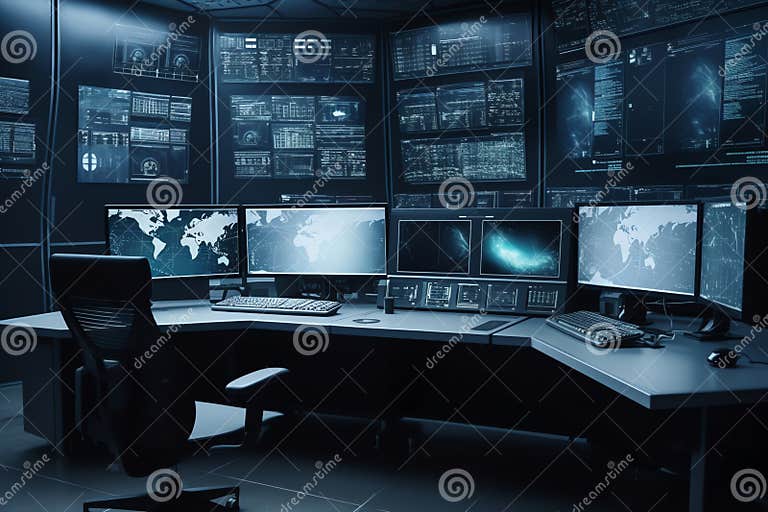 Modern Control Room, Multiple Personal Computer Monitors Showing Coding Language Program with ...