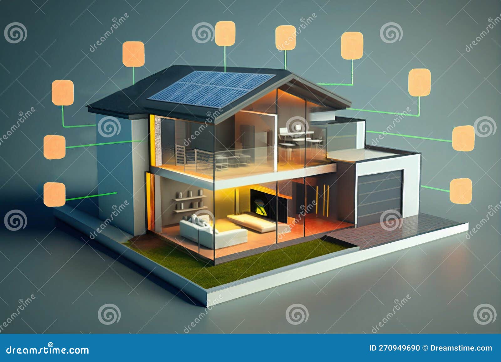 The Concept of the Modern Smart House with Solar Panels, Sketch in 3D ...