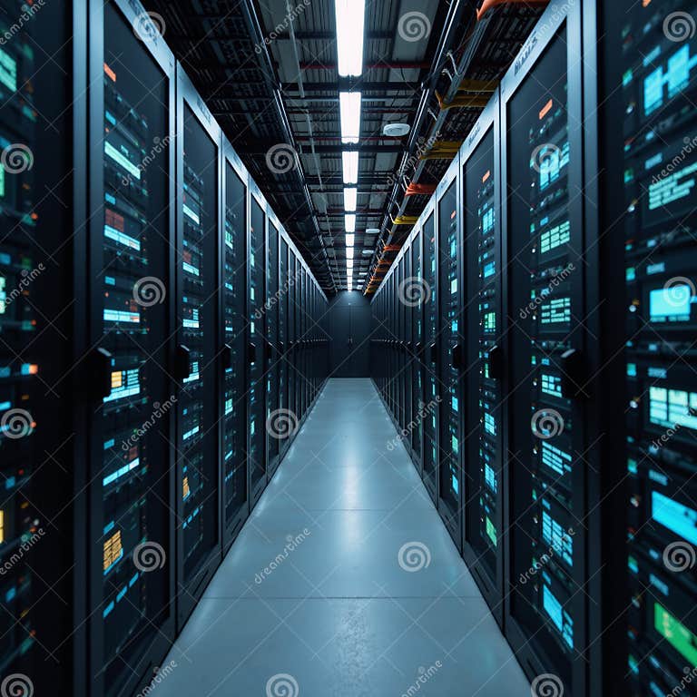 Modern Technological Innovation Begins within a Spacious Big Data Center Filled with Server ...