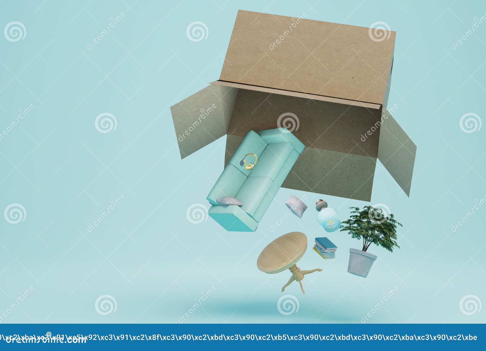 The Concept of Moving. Interior Items Flying Out of the Box on a Blue ...