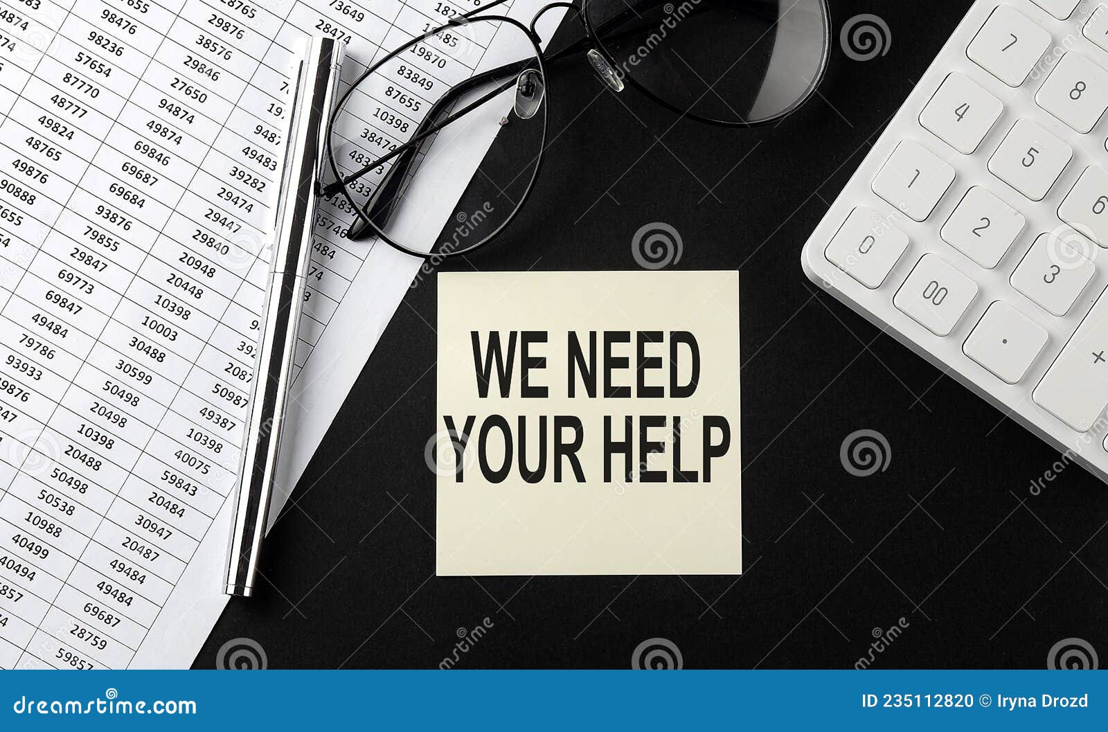 Concept we NEED YOUR HELP Message on Sticker with Glasses,chart and ...