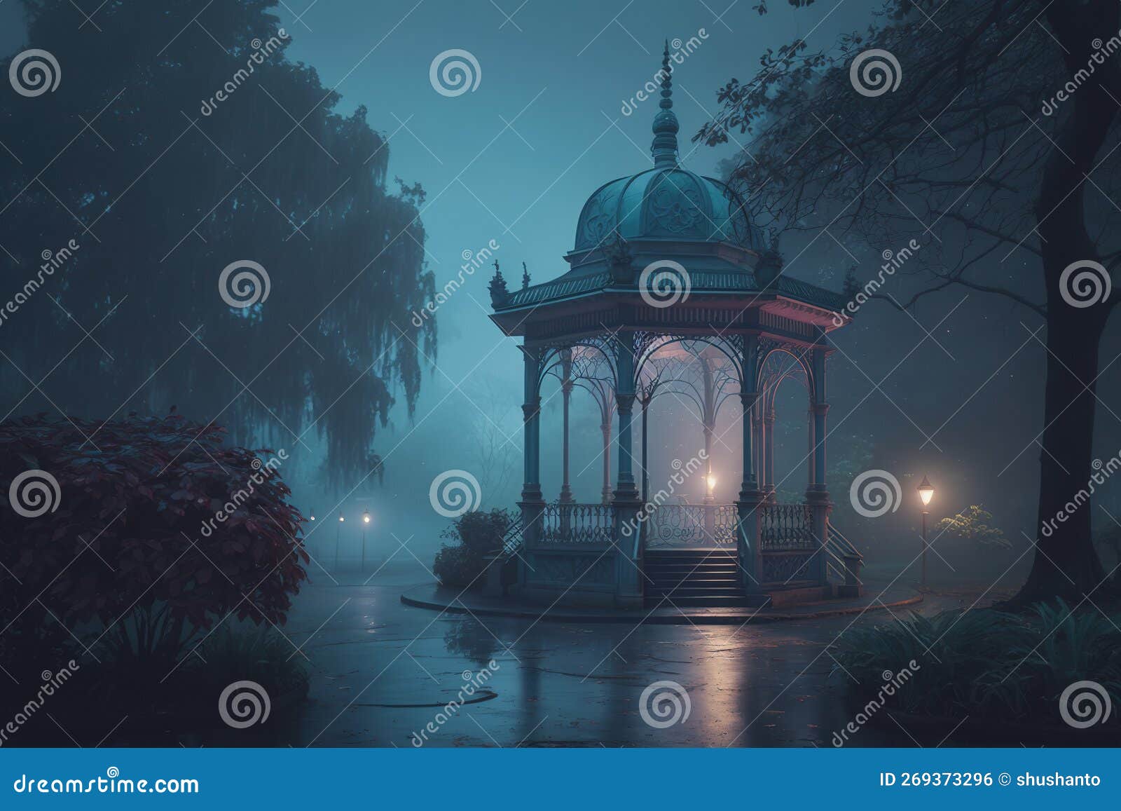 Nostalgic Night at Empty Raining Abandon Park Stock Illustration ...