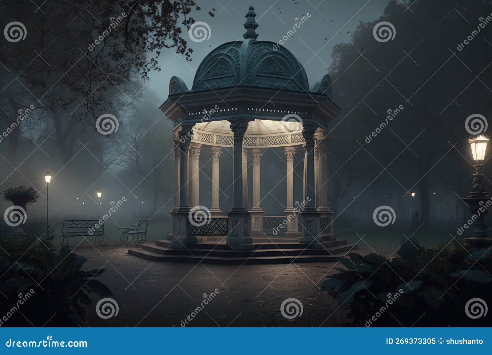 Nostalgic Night at Empty Raining Abandon Park Stock Illustration ...
