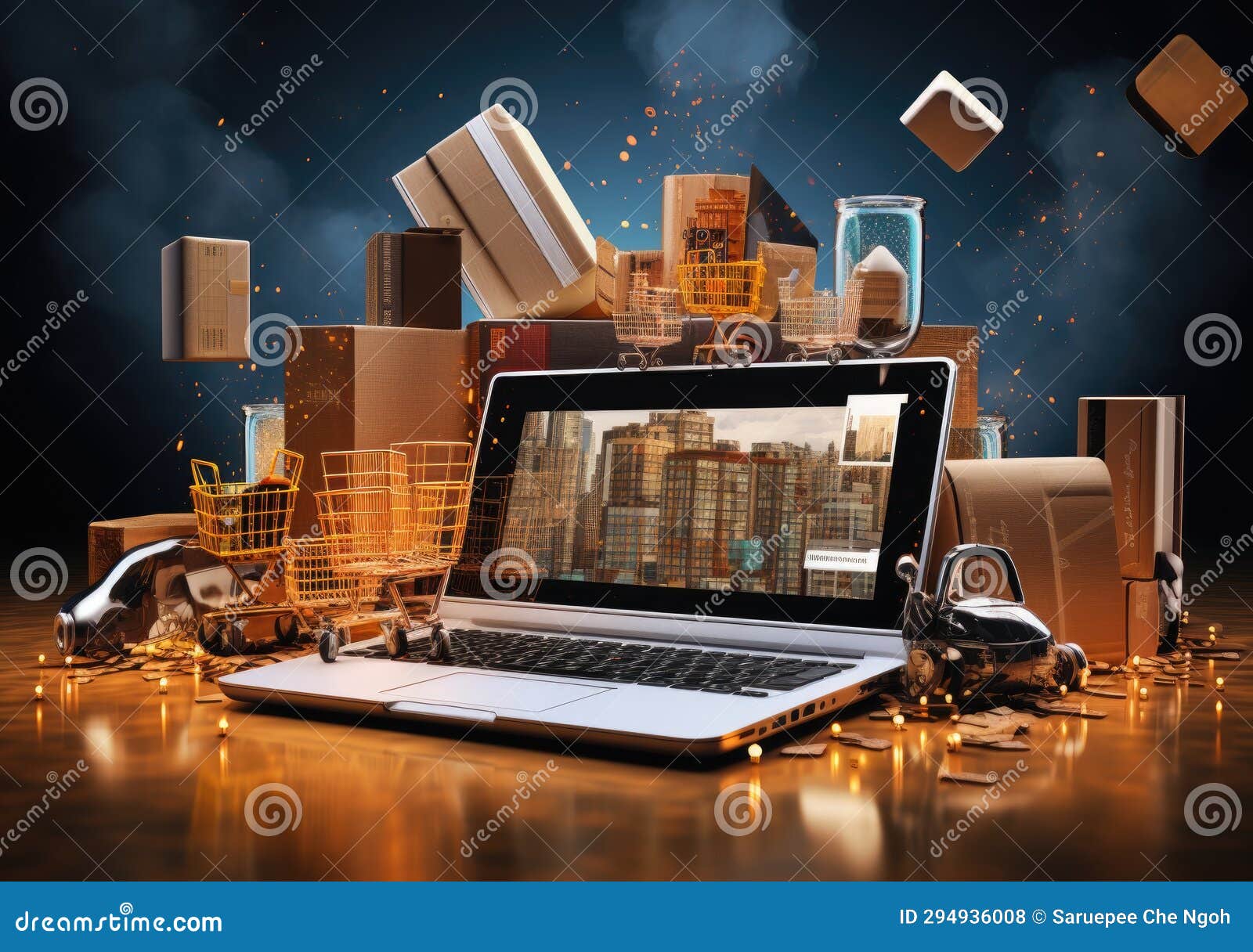 Concept Online Sopping. Boxes and Shopping Bag with Smartphone Online ...