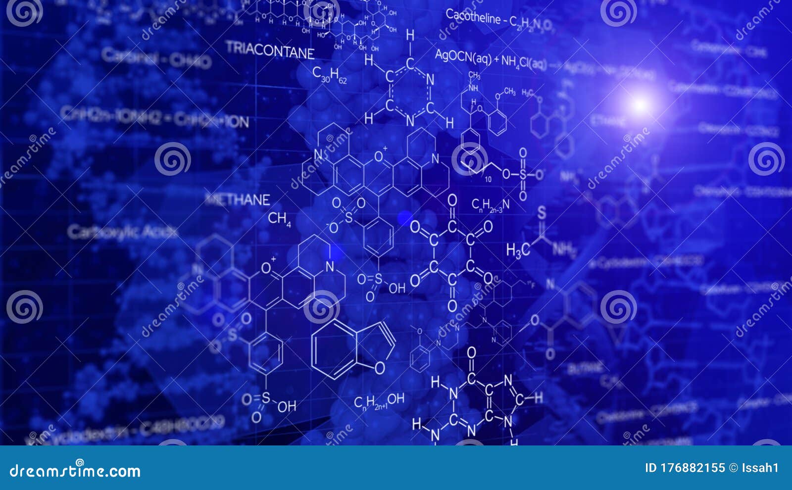 Concept of Organic Molecular Chemistry. Beautiful Blue Background with ...