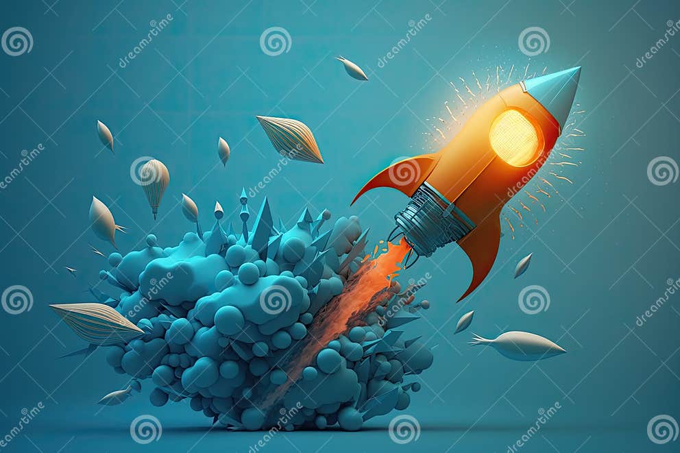 Concept of Original Thought and New Ideas. Blue Background with a Rocket Flying Stock ...