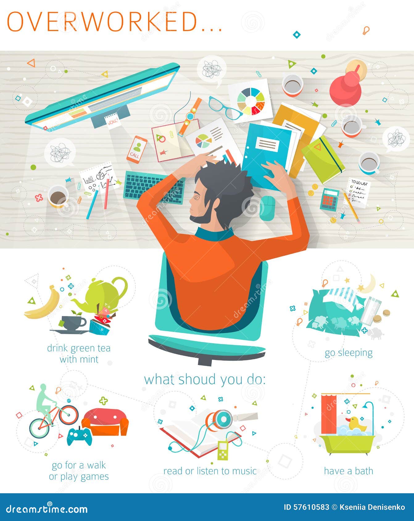 Concept of overworked man. stock vector. Illustration of male - 57610583