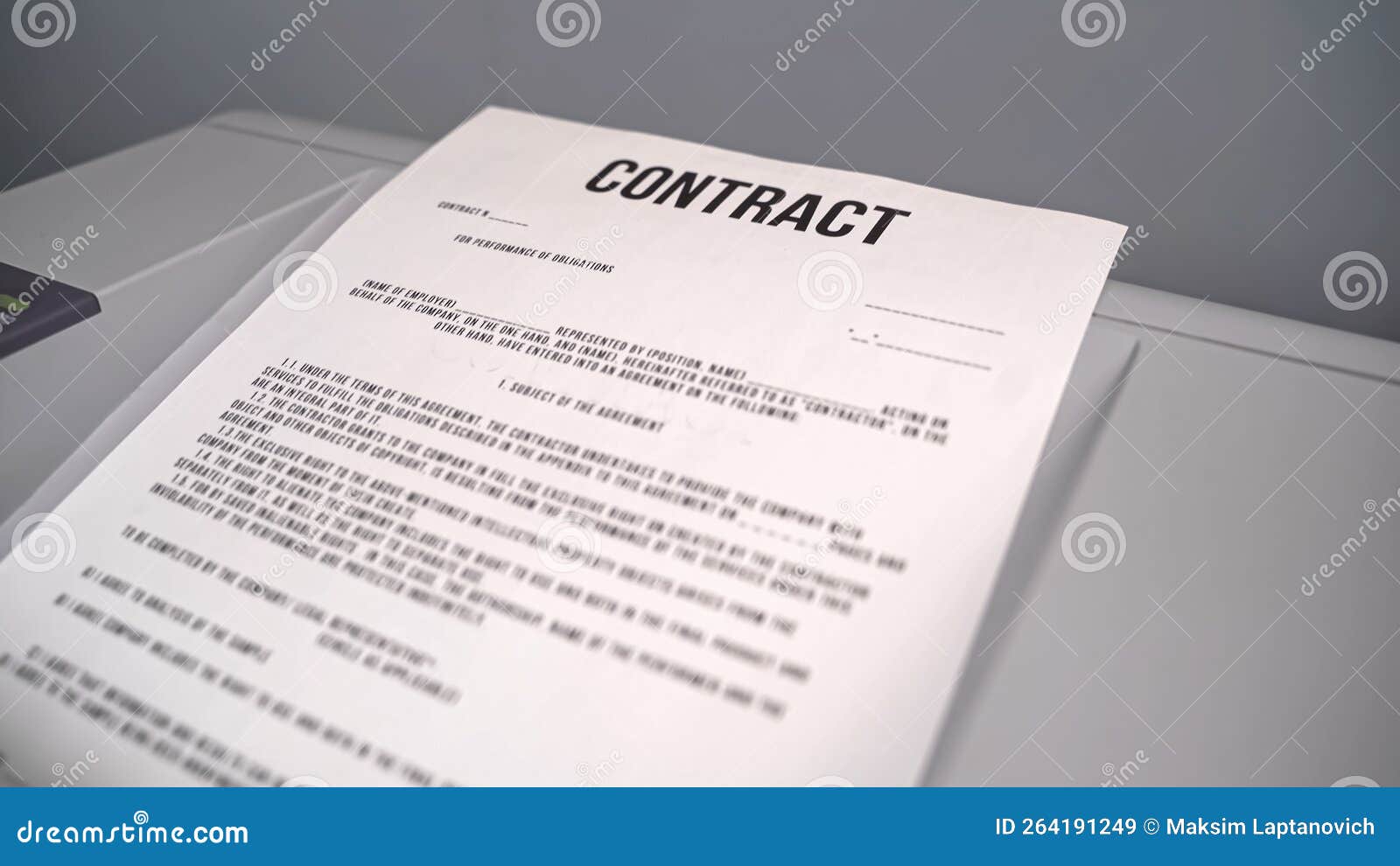 Concept: Paper the Contract is Printed on the Printer. Contract Comes ...