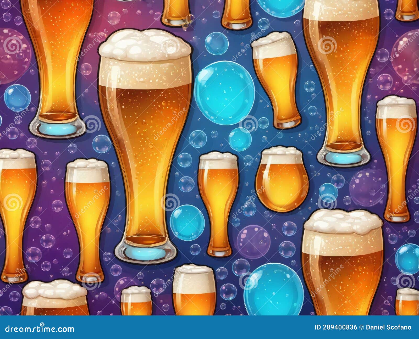A Pattern of Beer Glasses and Bubbles on a Purple Background ...