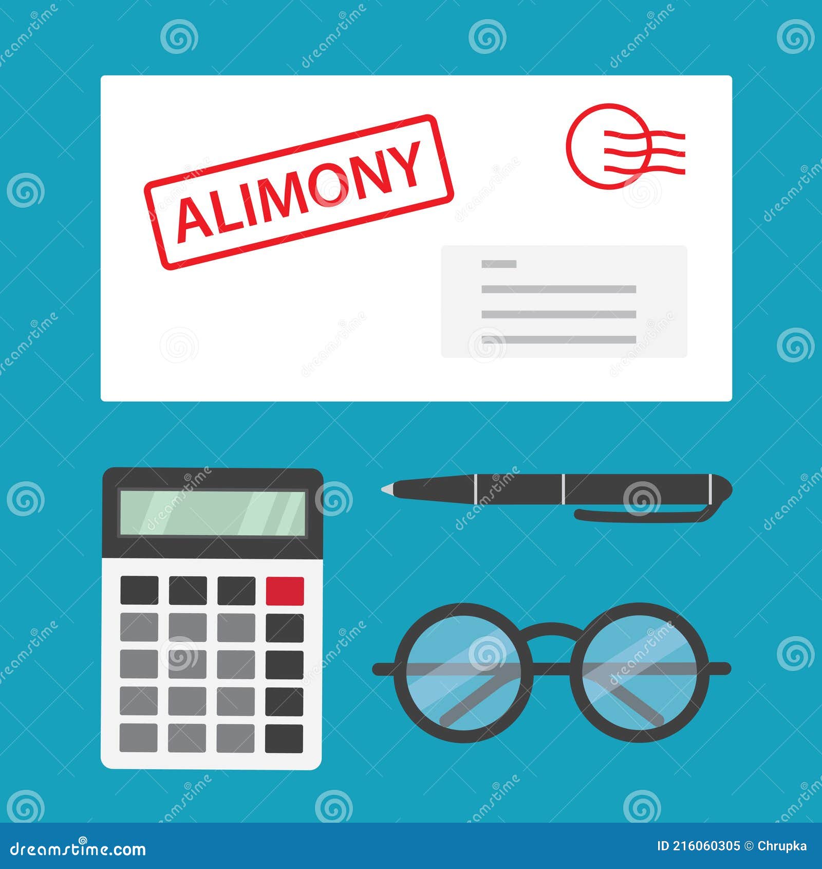 Concept of Paying Alimony, Envelope, Calculator, Pen, Eyeglasses Icon ...