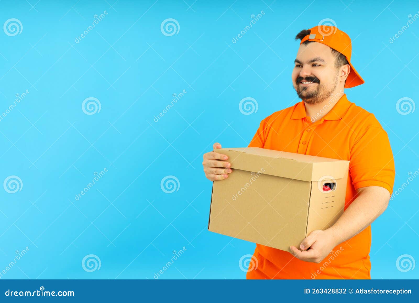 Concept of People, Fat Delivery Man with Box on Blue Background Stock ...