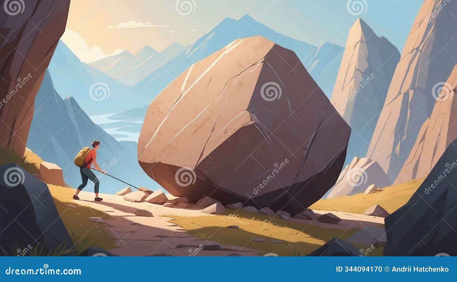 Man Pushing Big Boulder Uphill With Blue Sky. Concept Of Fatigue ...