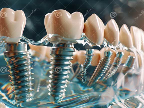 Concept of Placing Three Teeth on Three Implants. 3D Illustration of ...