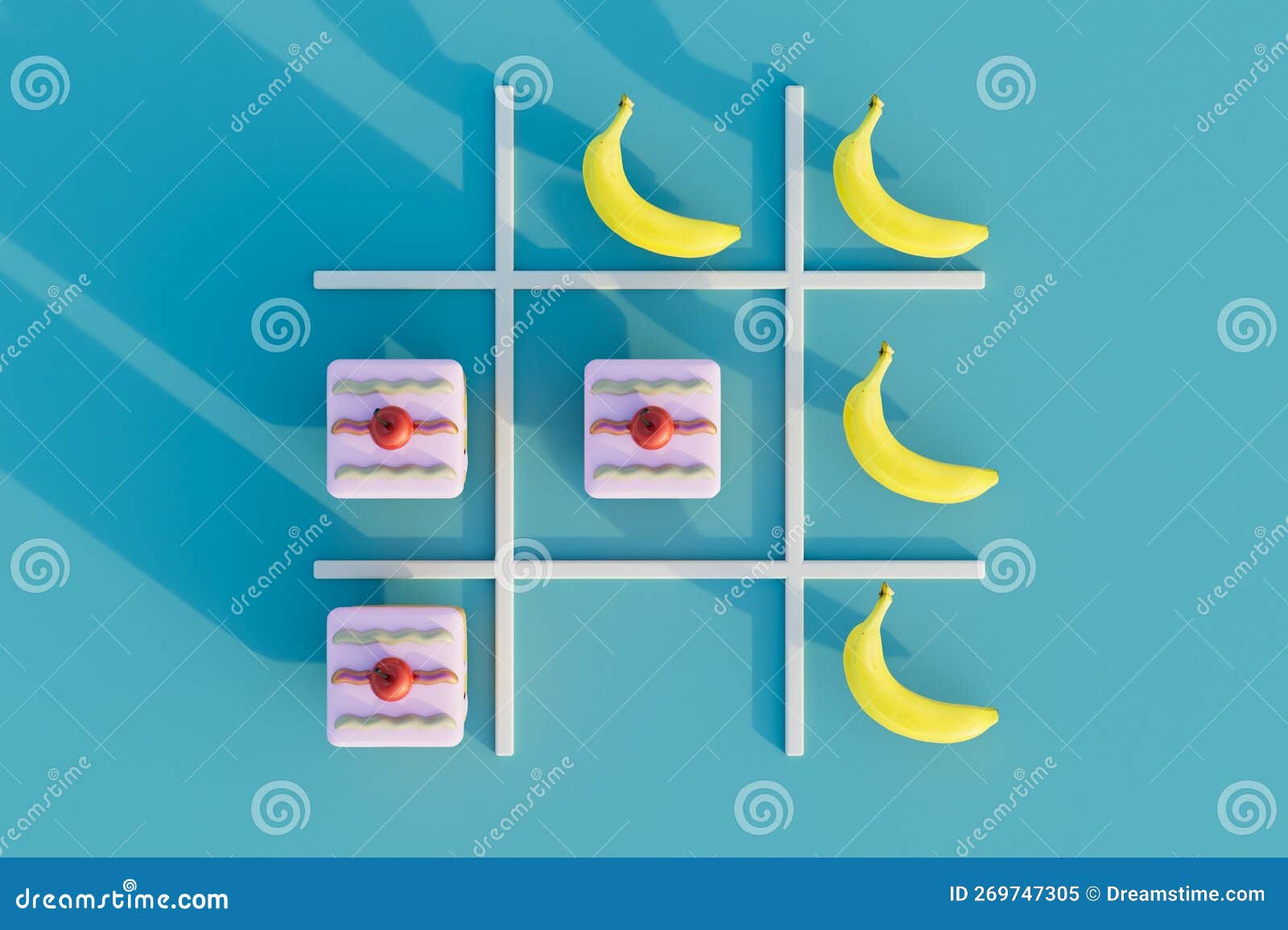 The Concept of Playing Tic-tac-toe with Bananas and Cakes. 3D Render ...