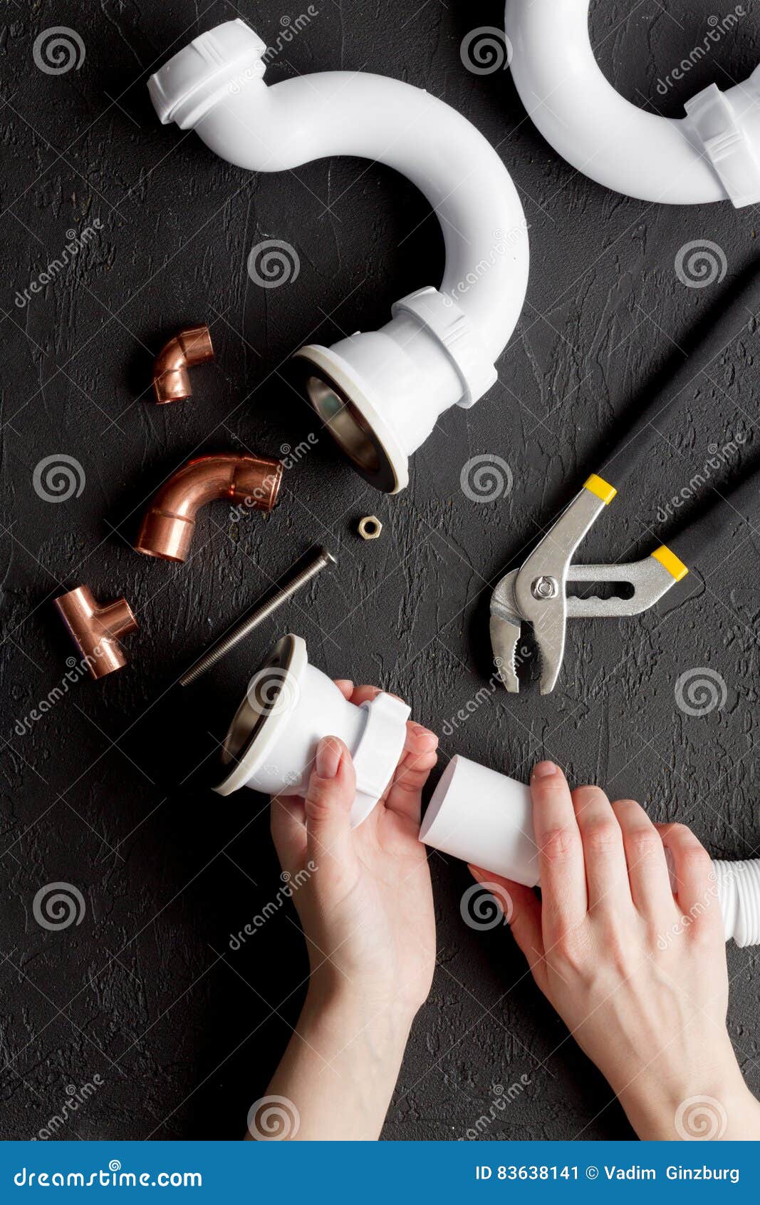 Concept Plumbing Work Top View on Dark Background Stock Image - Image ...