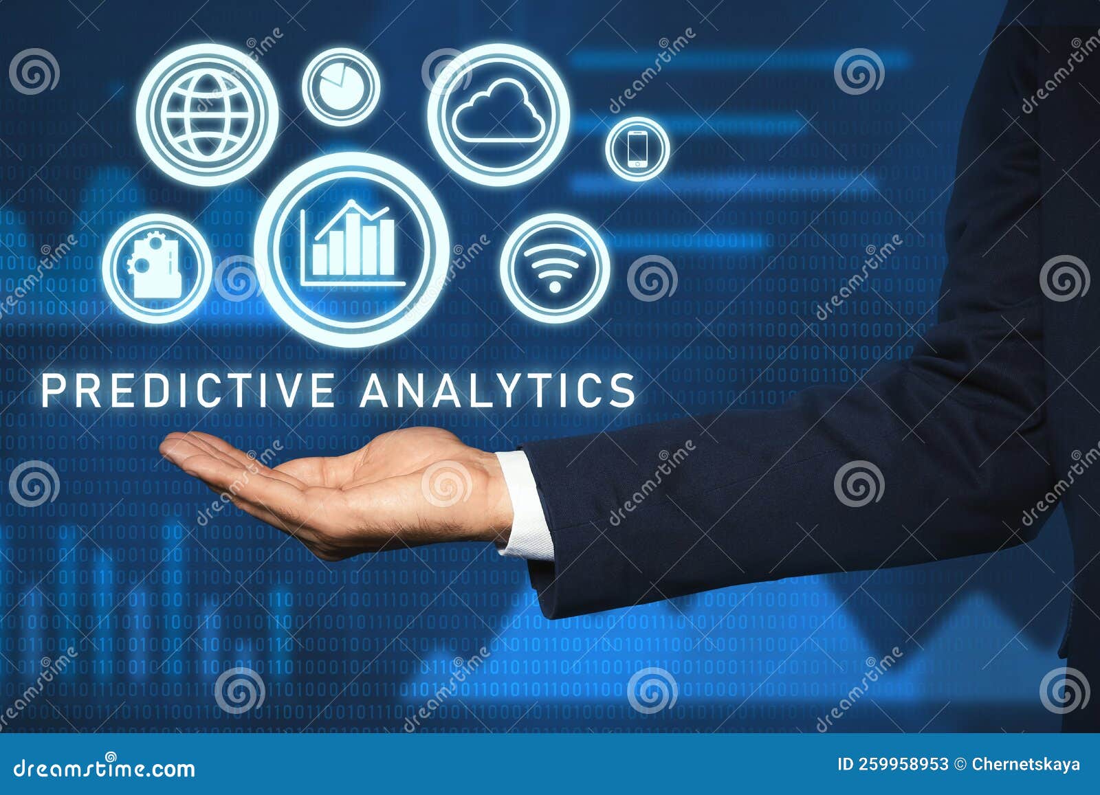 Concept of Predictive Analytics. Businessman and Different Virtual ...