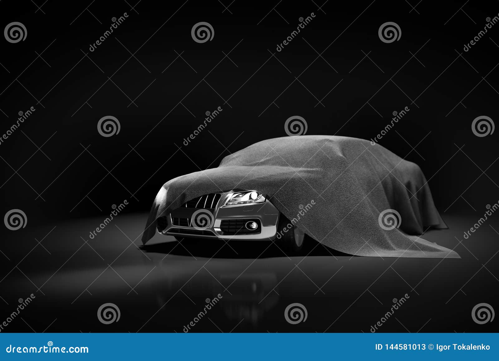 Concept of Presentation of the Car Under a Red Cloth in a Darck Studio ...