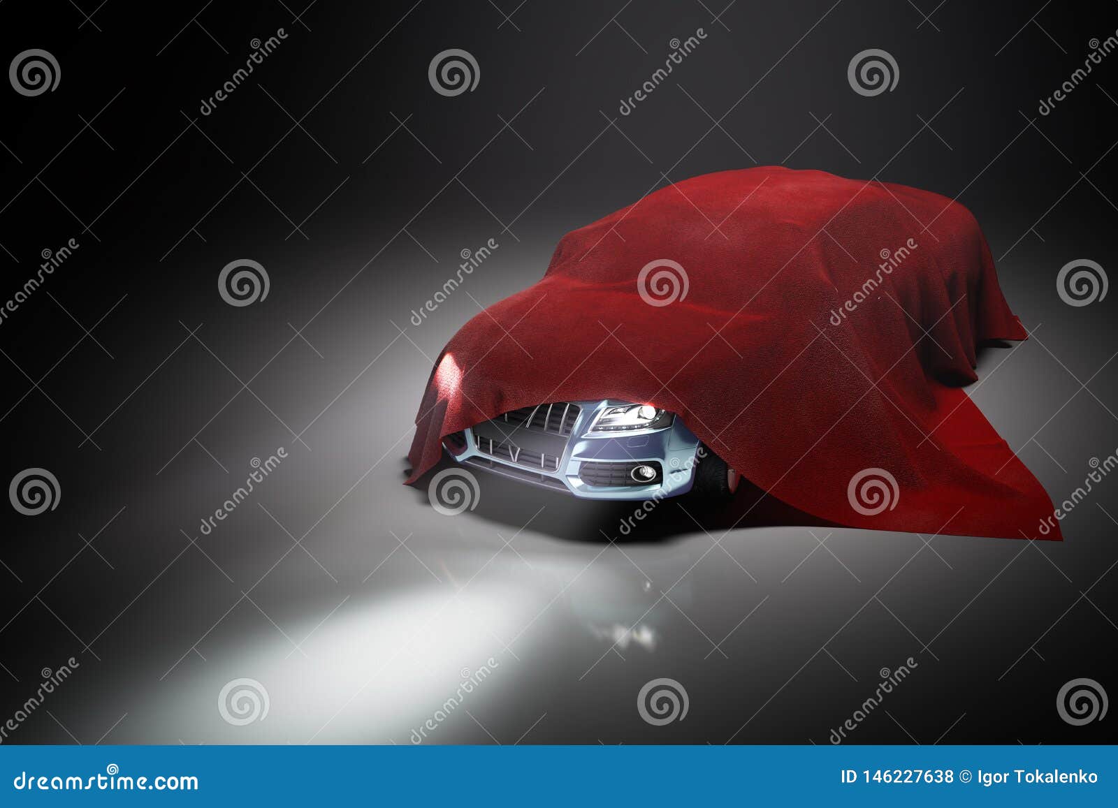 Concept of Presentation of the Car Under a Red Cloth in a Darck Studio ...