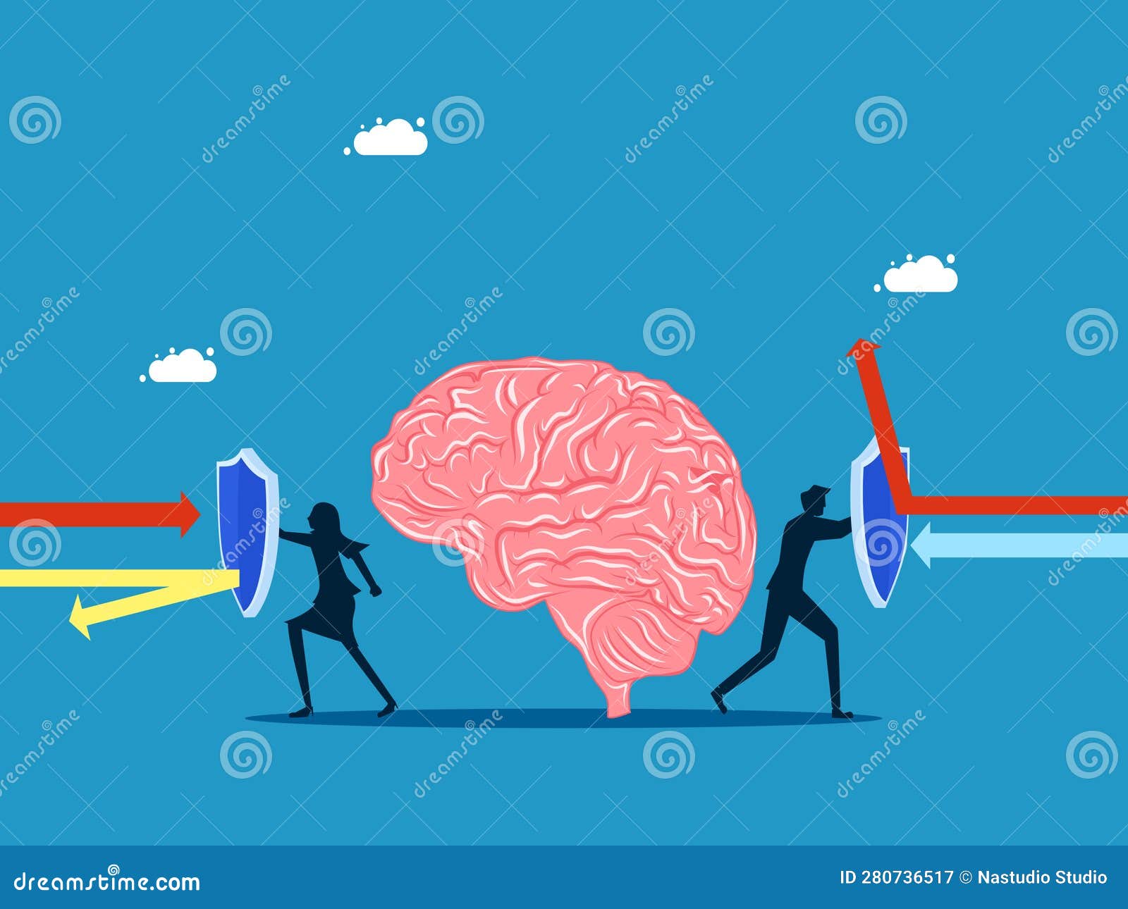 Concept Protection. Business Team Holding a Shield To Protect the Brain ...