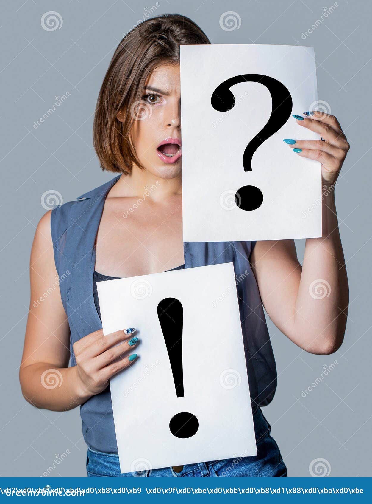 Concept of Question, Exclamation Marks. Girl with a Question and ...