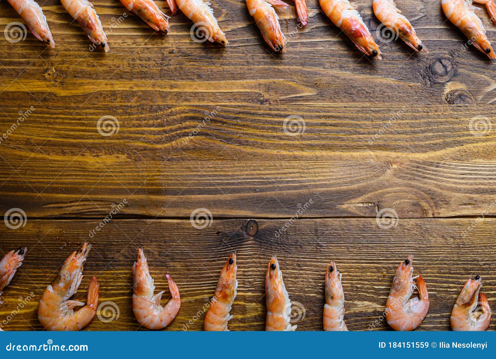 Concept of Raw Fresh Shrimp Prawns Frame on Wood Background Table with ...