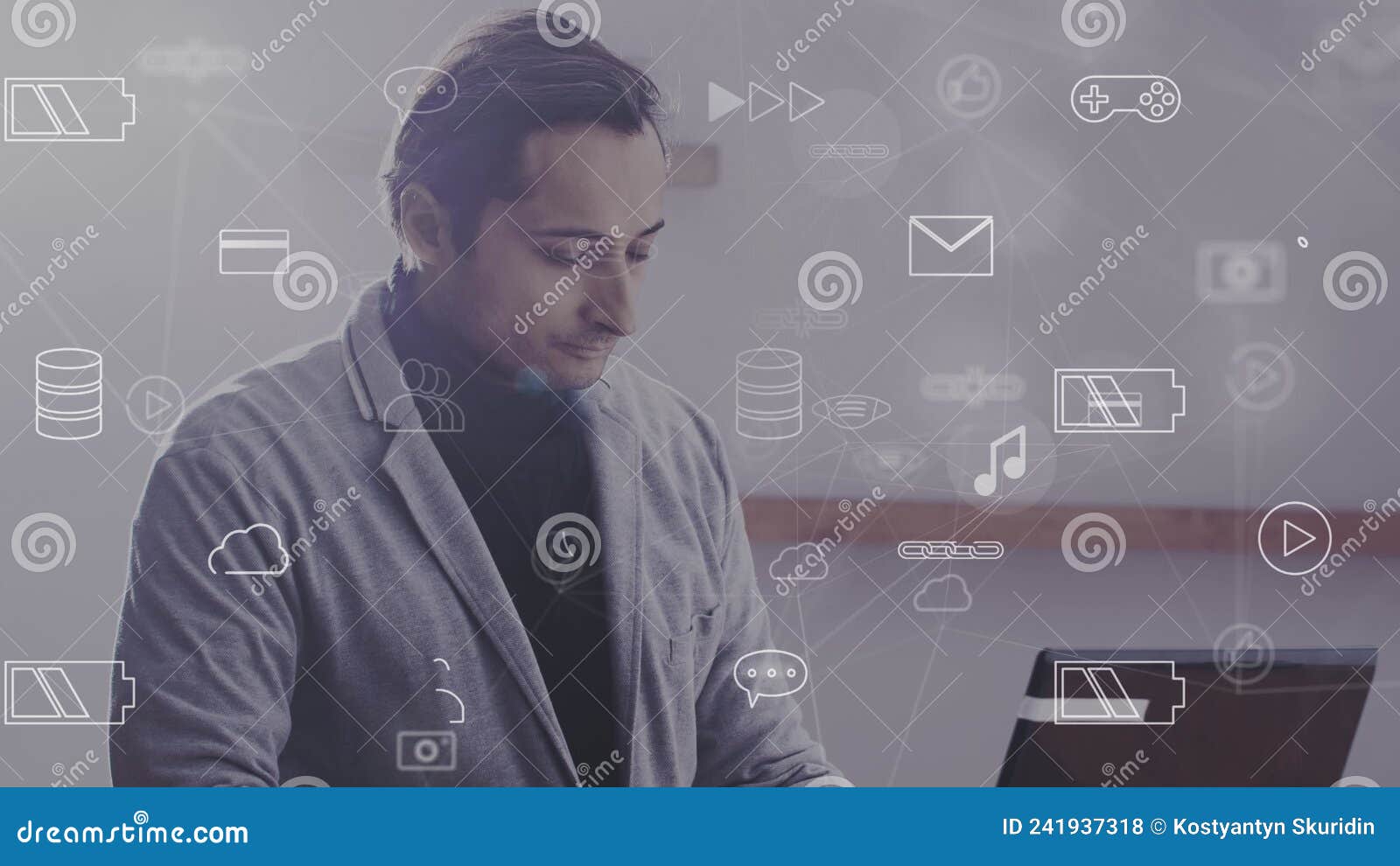 The Concept of Remote Work. a Man Works on a Computer and His Thoughts ...