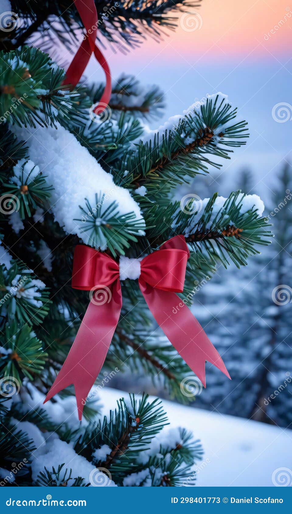 Ribbons and Bows Adorning a Snowy Pine Tree at Dus. Generative AI Stock ...