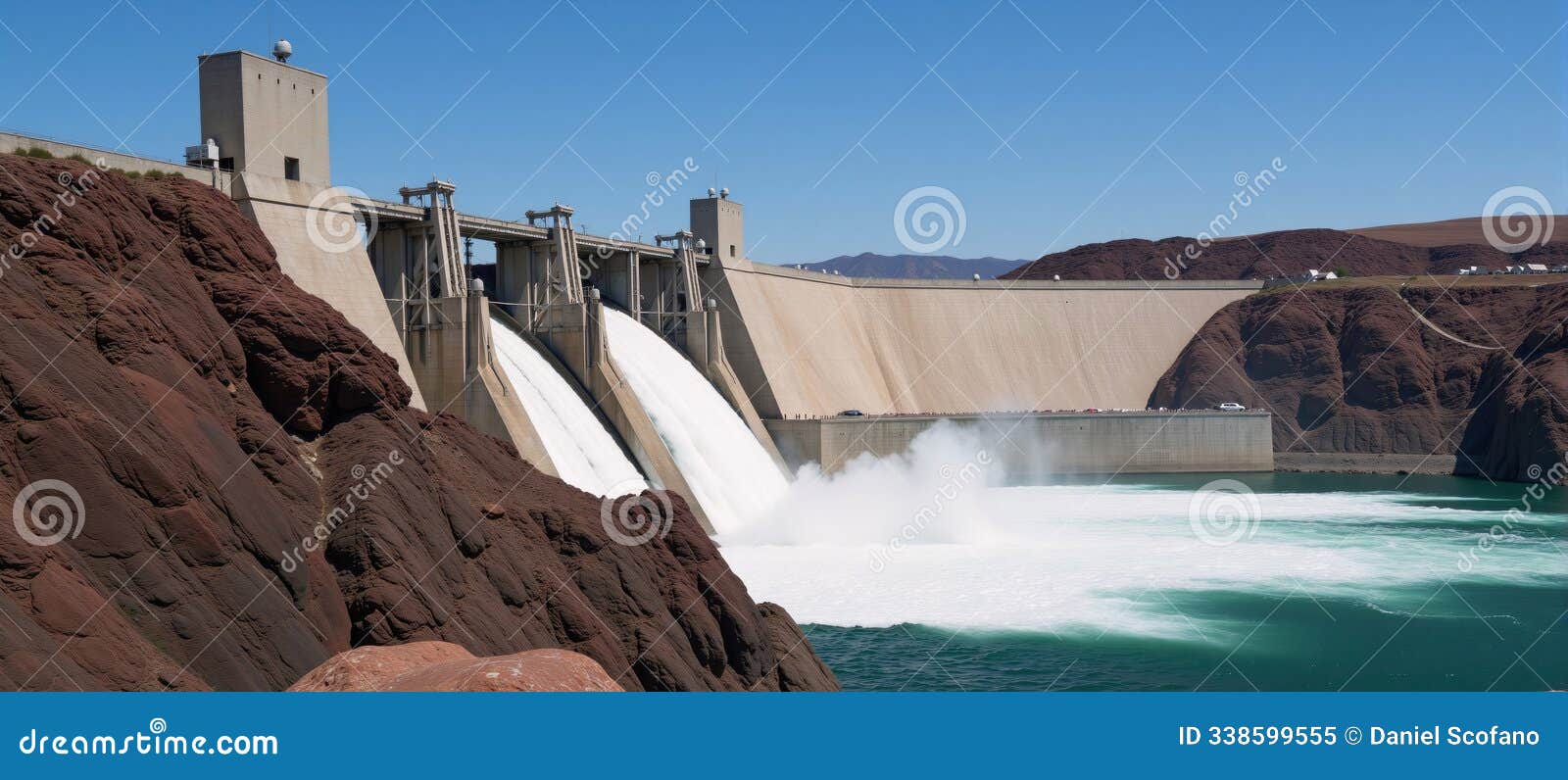 River Flows Beneath a Towering Dam Structure Stock Illustration ...