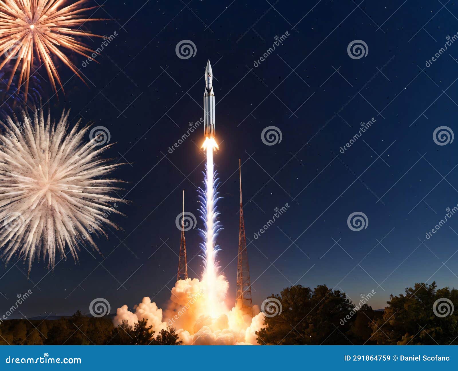 A Rocket is Launched into Space with Fireworks. Generative AI Stock ...