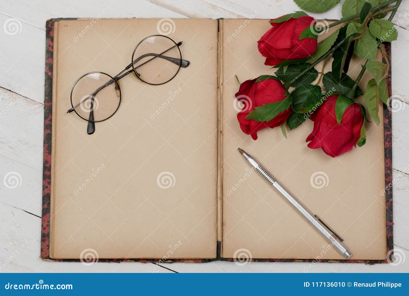 Concept Romantic, Old Notebook, Roses and Glasses Stock Photo - Image ...