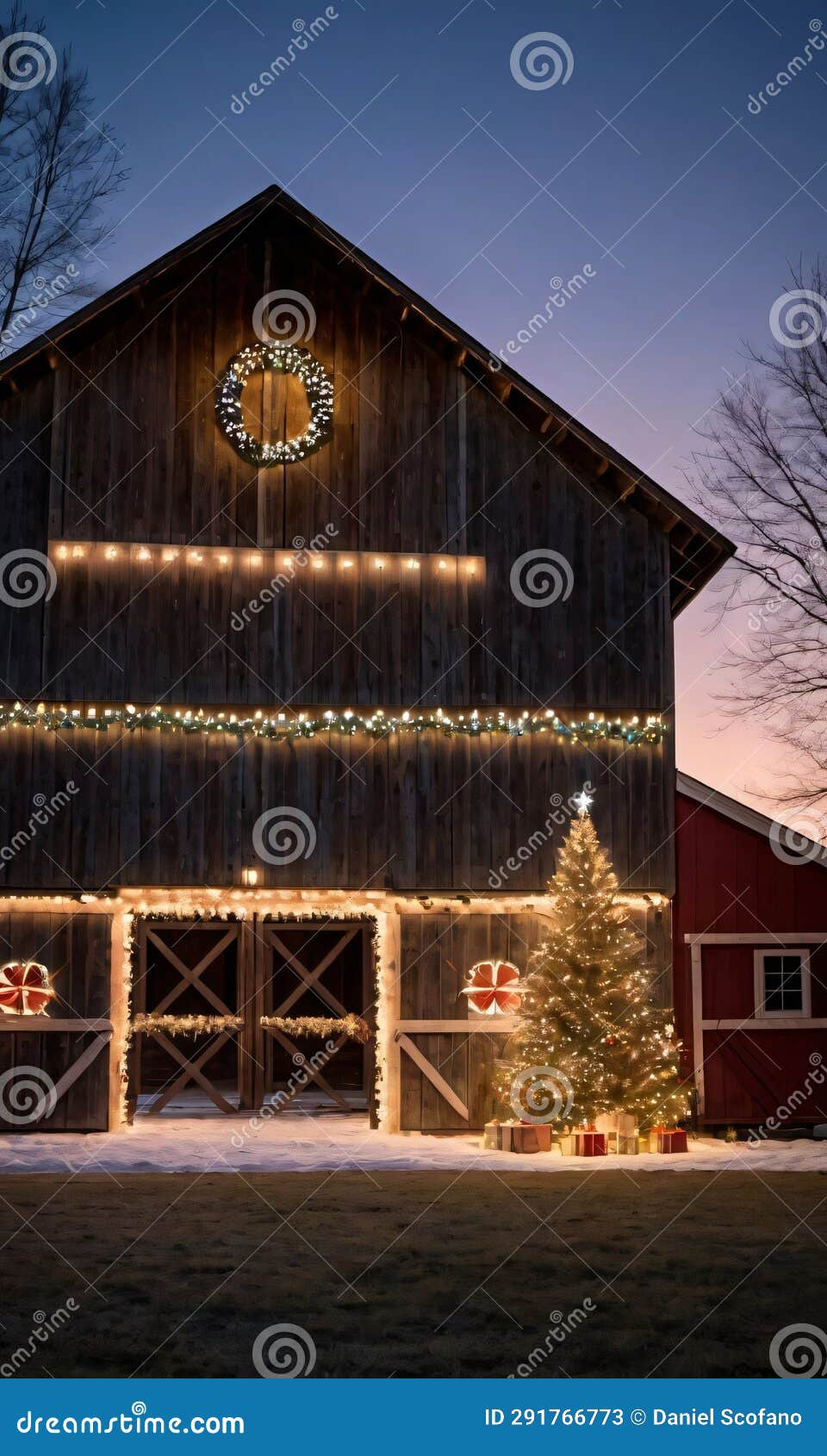 A Rustic Barn Adorned with Christmas Lights at Twilight. Generative AI ...