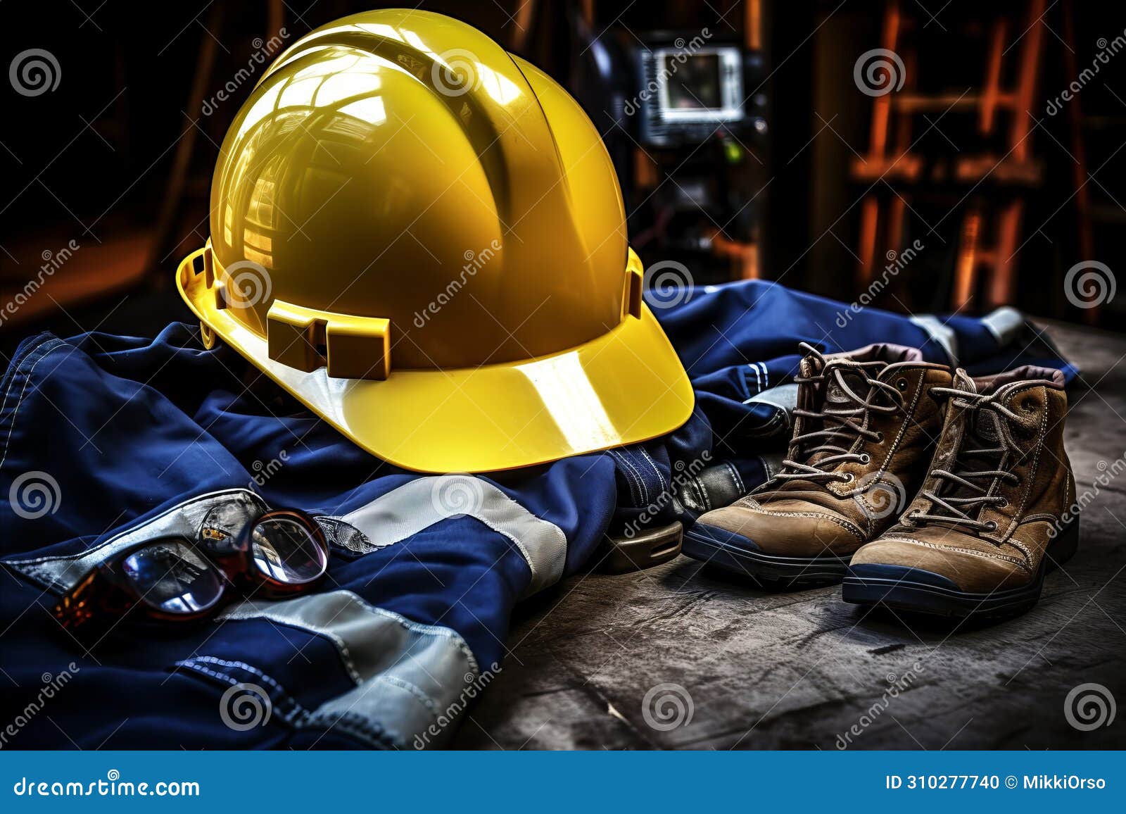 Construction Tools Scheme. Yellow Blue Helmet, Tools and Efficient ...