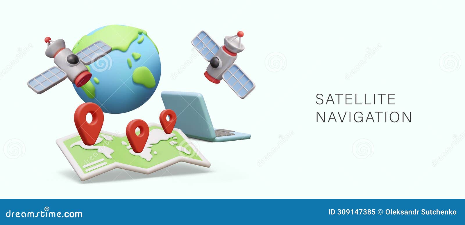 Concept of Satellite Navigation. 3D Earth, Space Stations, Laptop, Map ...